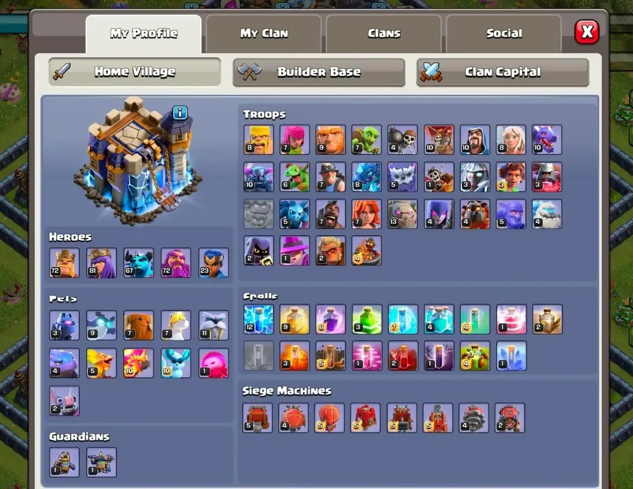Clash Of clans , Th 18 , 10030 Gems , 6 Epic Equipments